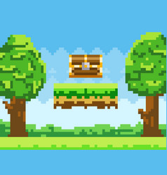 Pixel-game background with wooden chest in forest Vector Image