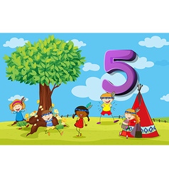 Number five with 5 bees flying in garden Vector Image