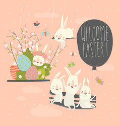 Cute cartoon bunny with easter eggs and flowers Vector Image