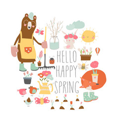 Set cartoon animals and spring elements Royalty Free Vector