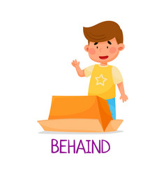 Little boy and carton box as prepositions place Vector Image