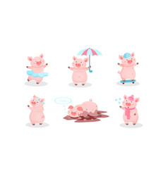 Funny pig characters set piggy in different poses Vector Image