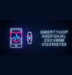 Glowing neon sign of healthy mobile app heart Vector Image