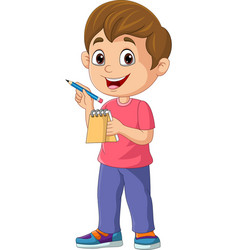 Cute boy cartoon writing on a book Royalty Free Vector Image