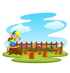 Boy are playing with three rabbits Royalty Free Vector Image