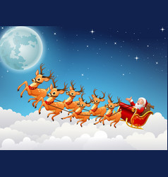 Santa claus rides reindeer sleigh flying in sk Vector Image