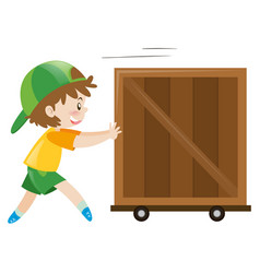 Happy boy pushing wooden box Royalty Free Vector Image