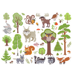 Cute cartoon and wild woodland animals and forest Vector Image