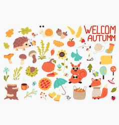 Set of cartoon characters and autumn elements Vector Image