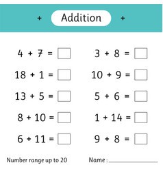 Subtraction number range up to 20 math worksheet Vector Image