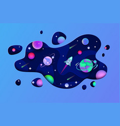 Paper cut out galaxy banner with cartoon planets Vector Image