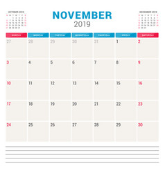 Calendar planner for november 2019 week starts on Vector Image