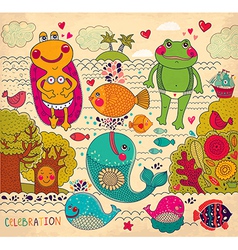 Frogs and fish in the pond Royalty Free Vector Image