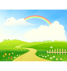 Background scene with butterflies and rainbow Vector Image
