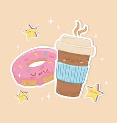 Delicious sweet donuts and coffee kawaii Vector Image