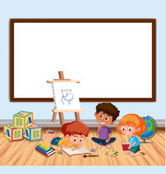 Frame design with board and kids in classroom Vector Image
