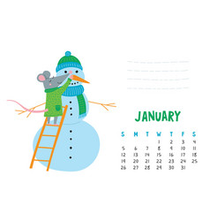 January calendar page with cute rat make snowman Vector Image