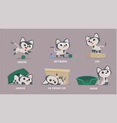 Prepositions cat playing with box learning Vector Image