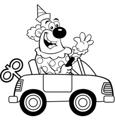 Happy clown driving a toy car while waving Vector Image