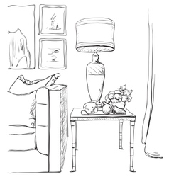 Hand drawn room interior sketch sofa table Vector Image
