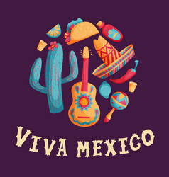 Mexican party poster with guitar and cactus Vector Image