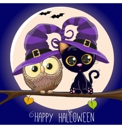 Cute halloween with owl black cat and spider Vector Image