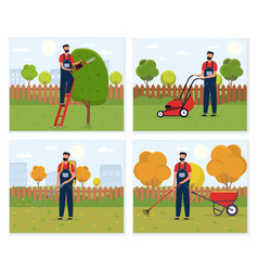 Gardener mowing lawn mower cartoon Royalty Free Vector Image