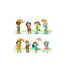 Kids playing in rain set happy boys and girls Vector Image