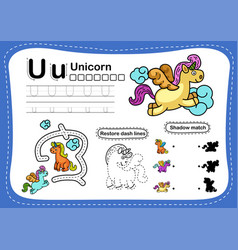 Alphabet letter u-unicorn exercise with cartoon Vector Image