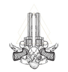 Contour image two revolvers and human heart Vector Image