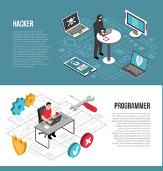 Hacker programmer isometric banners Royalty Free Vector
