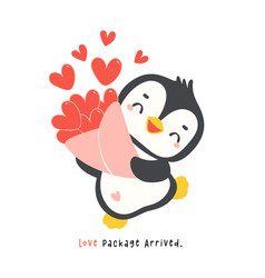 Cute penguins holding heart cartoon drawing Vector Image