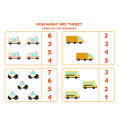 Counting game with cars math worksheet for kids Vector Image