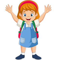 Cartoon school girl with backpack waving hand Vector Image