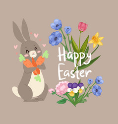 Happy easter card with cute rabbit with carrot and