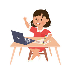 Cute girl sitting at the desk and rising her hand Vector Image