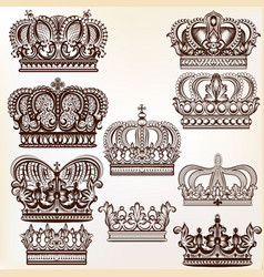 Big set of hand drawn detailed crowns for design Vector Image