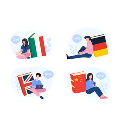 Two female characters are learning english online Vector Image