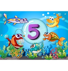 Flashcard number 5 with 5 fish underwater Vector Image